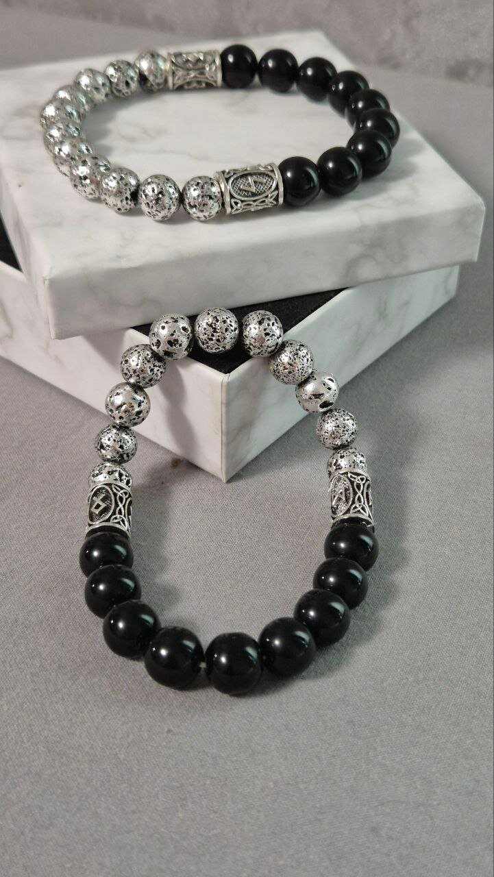 Славянский оберег, эластичный браслет, агат, гематит, вулканическая лава