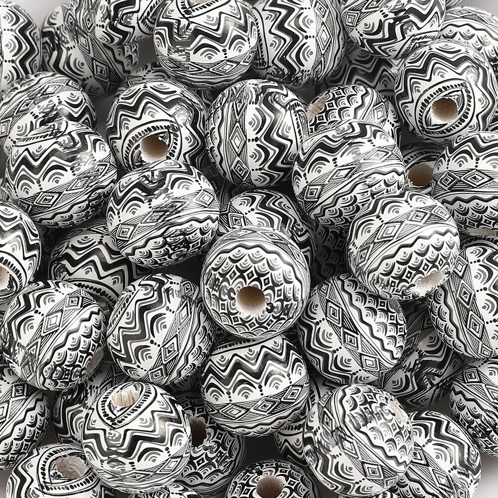 Деревянные бусины 16 мм, серебряный, black white, 10 шт