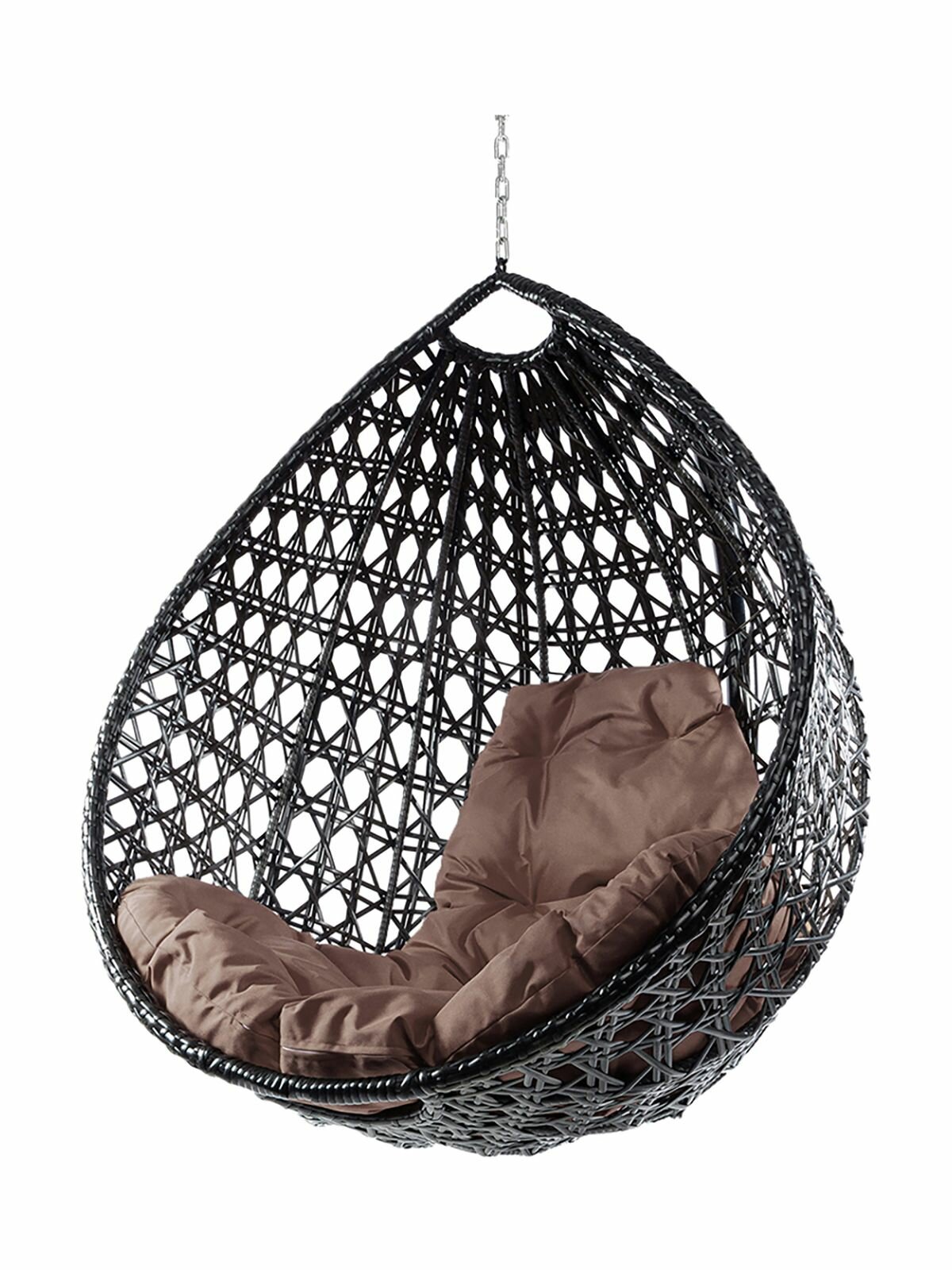 Подвесное кресло капля люкс (без стойки), с ротангом черное, коричневая подушка