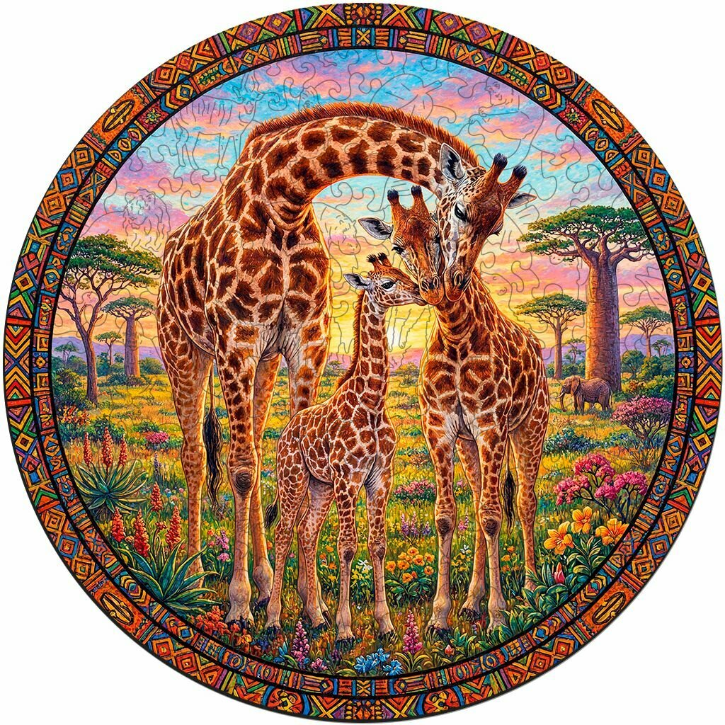 Деревянный пазл BoberBox "Семья жирафов", 217 деталей, круглый 30 см