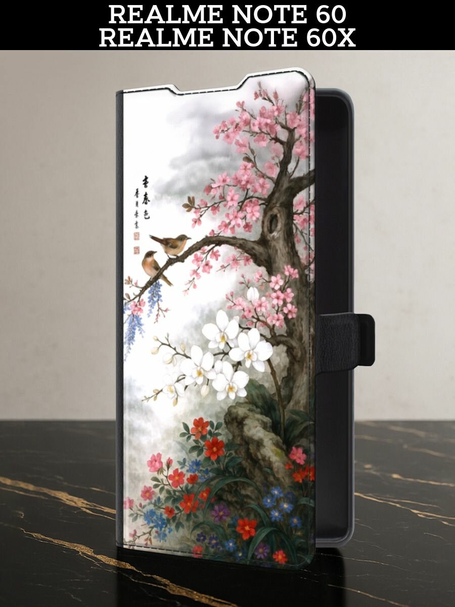 Чехол-книжка на Realme Note 60 / Реалми Нот 60 с принтом Дерево в японском стиле, черный