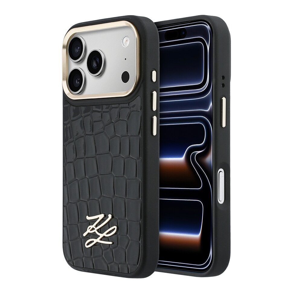 Karl Lagerfeld чехол с MagSafe для iPhone 17 Pro Max, кожа PU Glossy Croco, Initials Metal logo & Camera, черный