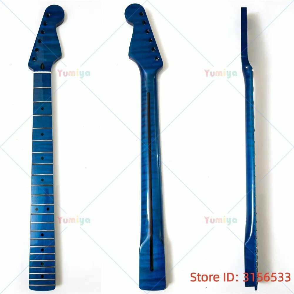 Гитарный гриф Strat Style 25,5 " Blue Gloss с отделкой из клена Tiger Flame 3A, 22 средних больших лада из нержавеющей стали, современная С-образная форма, радиус 9,5 дюймов, замена костяной гайки