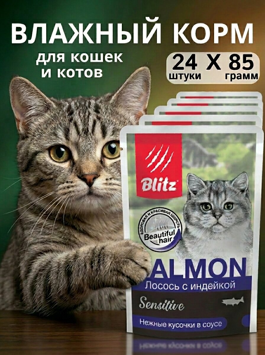 Корм влажный для кошек Blitz Sensitive Salmon лосось с индейкой, паучи, 85 г х 24 шт