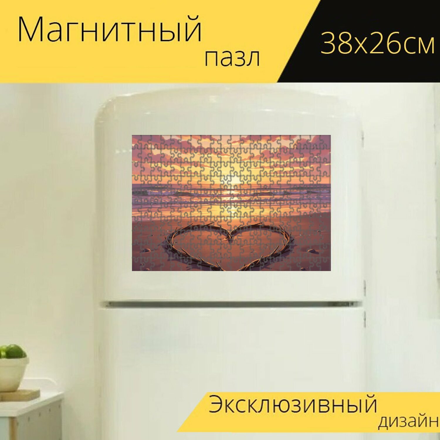 Магнитный пазл "Сердце из веток на закате. Романтичный морской берег с символом любви из прутьев на песке, цифровая иллюстрация в теплых розовых, персиковых." для интерьера, 38х26 см.