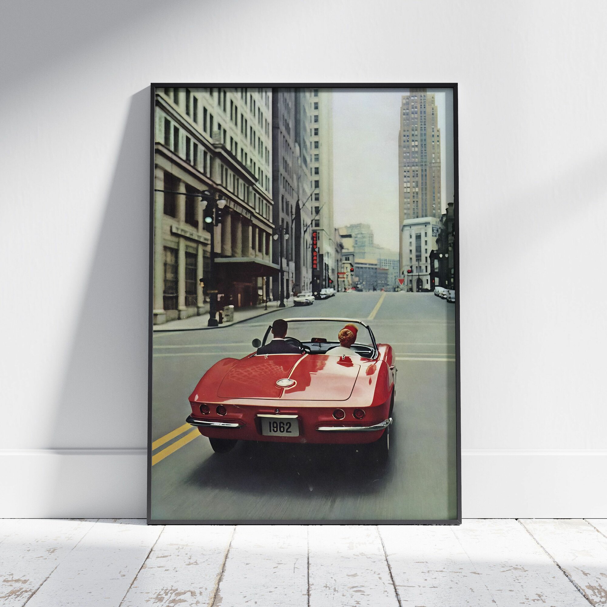 Плакат на стену для интерьера Спорткар (Chevrolet Corvette 1962 2) - Постер по спортивным гоночным машинам автомобилям формата А3 (30x42 см)