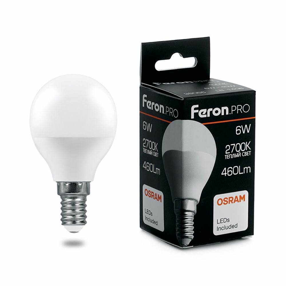 Лампа светодиодная E14 6 Вт G45 шар теплый белый свет 2700K Feron.PRO LB-1406 38065