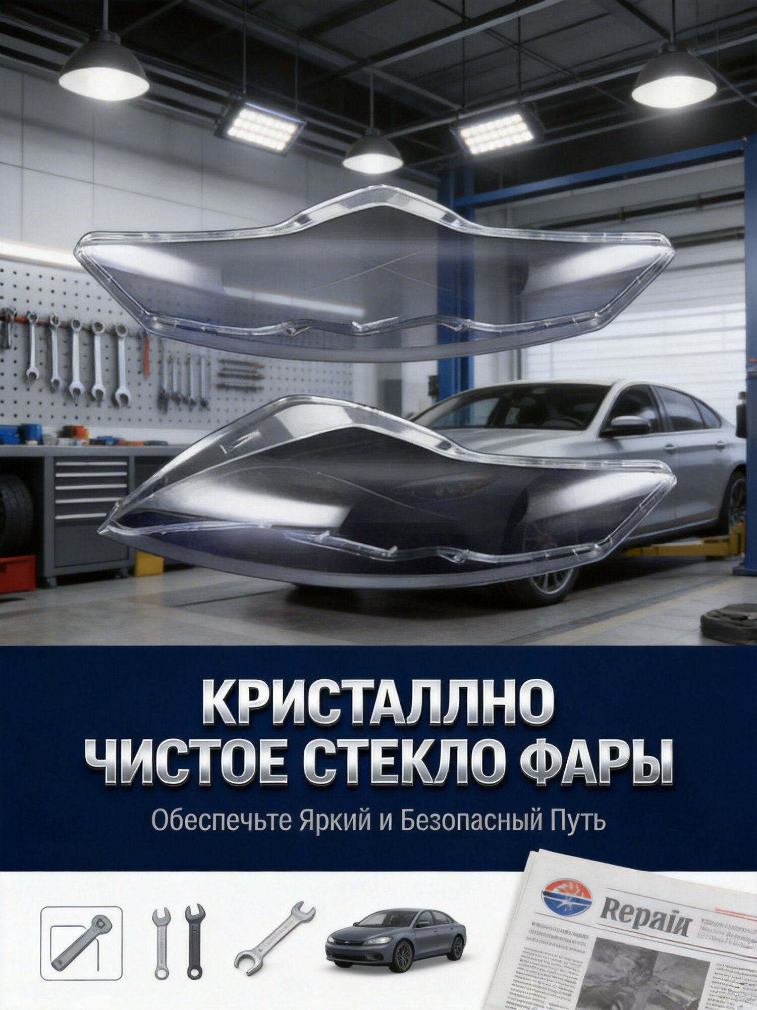 Стекла фар Ford Mondeo 4, комплект левое и правое для передней оптики из поликарбоната с защелкивающимся креплением и защитным покрытием