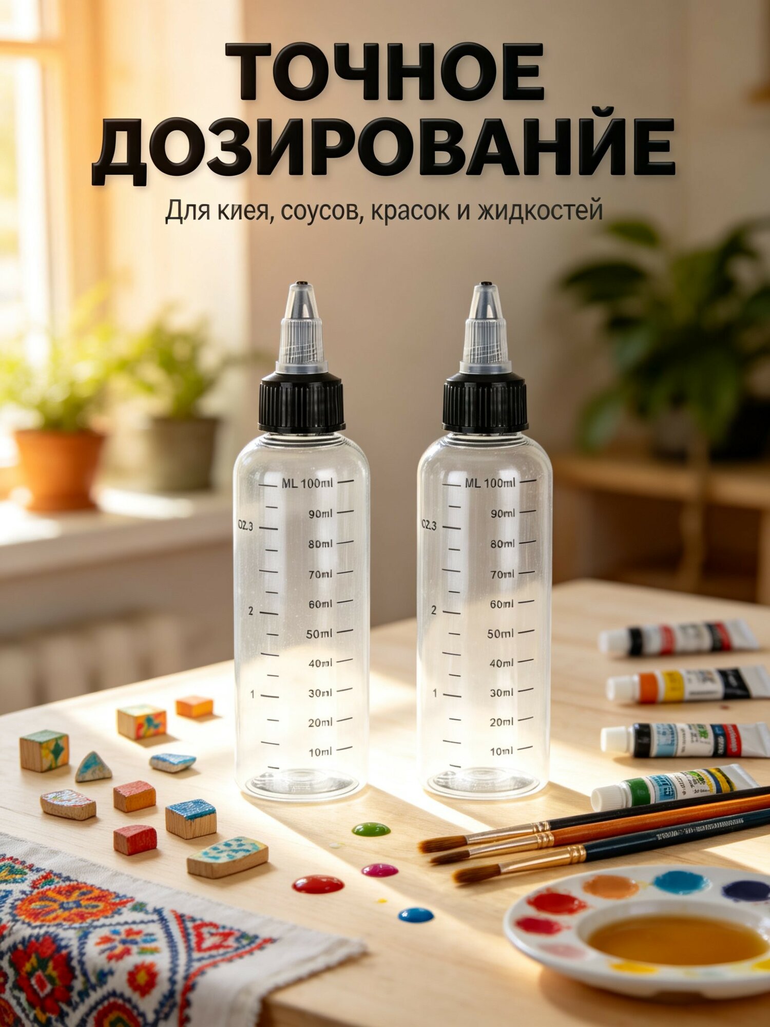 Набор из 2 бутылочек 100 мл с дозатором и шкалой, удобные и универсальные флаконы для точного дозирования клея, красок, соусов и бытовых жидкостей