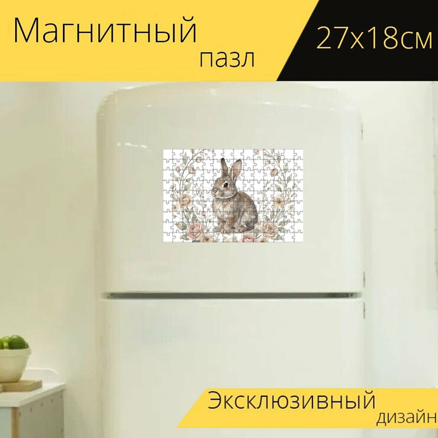 Магнитный пазл "Кролик в цветочном венке. Нежный зайчонок в акварельной иллюстрации среди пастельных роз, полевых цветов и тонких веточек. Бежево-розовая." на холодильник 27 x 18 см.