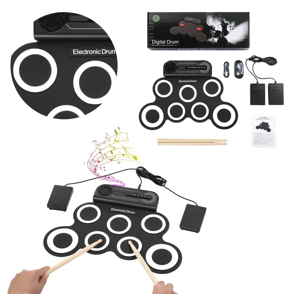 Электрическая барабанная установка с динамиком, 7 пэдов, барабанная установка для начинающих (белая)