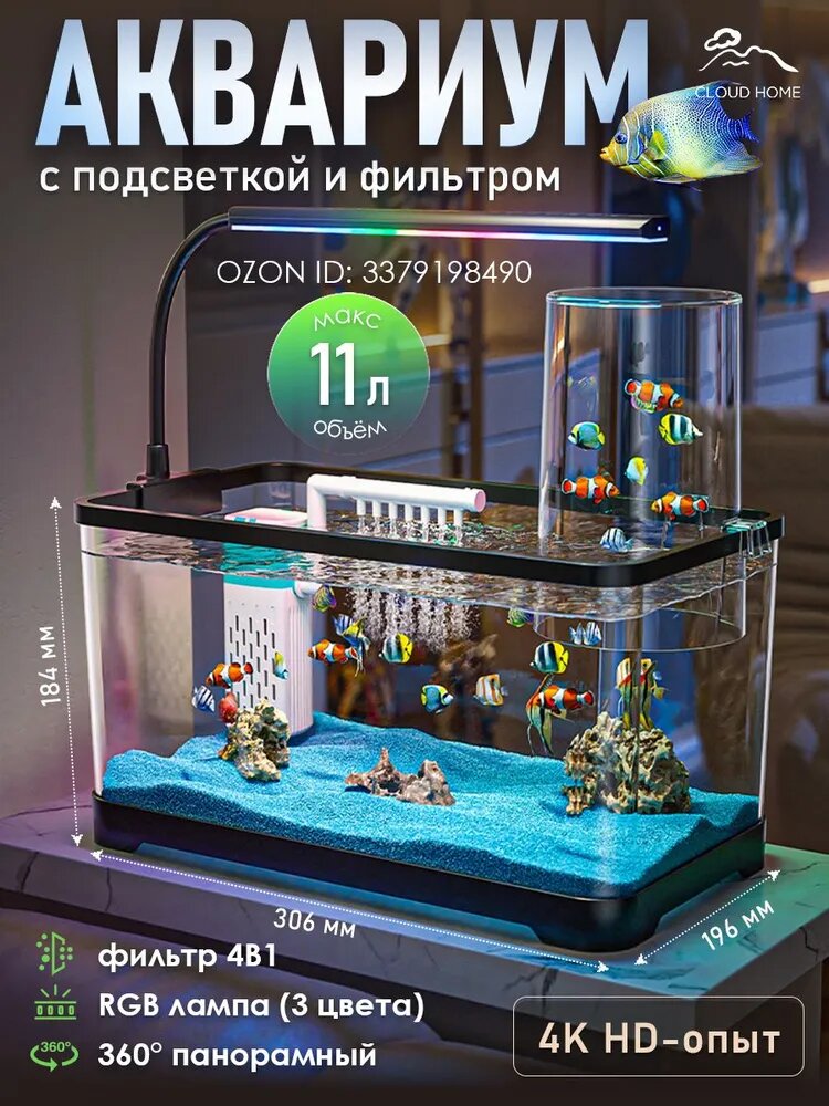 Аквариум 10 л с подсветкой, фильтром и обогревателем. Размеры 30,6x19,6x18,4 см