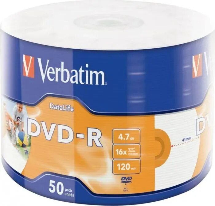 Verbatim Диск для записи DVD-R, 4,7 ГБ, 50 шт, Скорость 16x