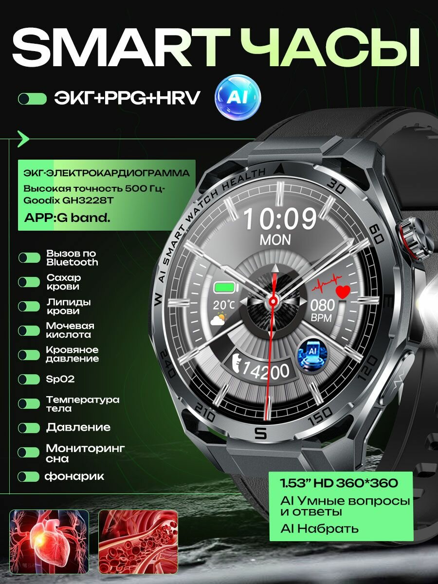 Часы наручные мужские смарт круглые с экг+PPG, с AMOLED экраном, фитнес браслет женский с измерением сахара в крови,