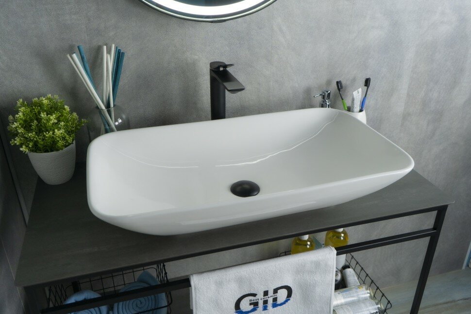 Раковина GID-Ceramic N9122, накладная, прямоугольная, белая, без отверстия под смеситель