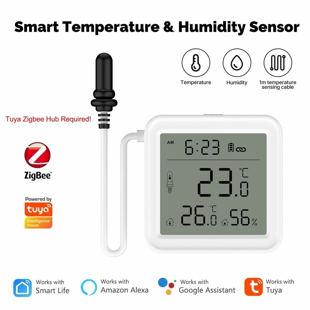 Умный датчик температуры и влажности Zigbee Tuya, с проводным датчиком