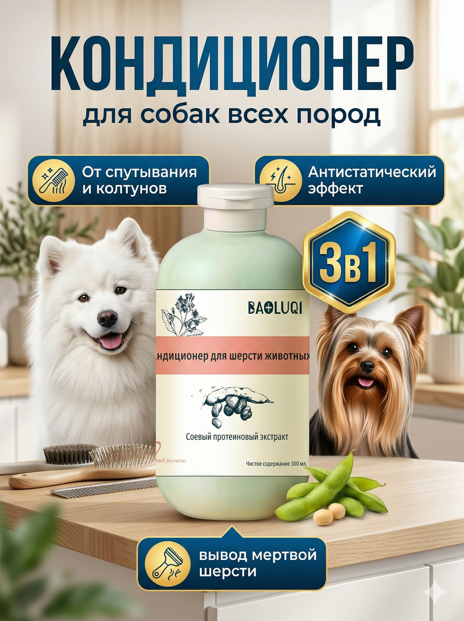 Кондиционер для собак и кошек, бальзам от колтунов, увлажняющий и смягчающий, для легкого расчесывания шерсти 300 мл