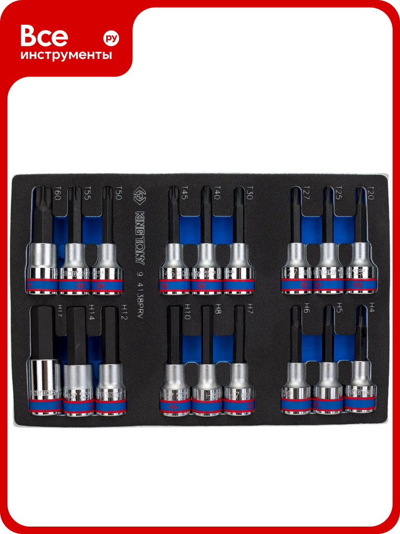 Набор торцевых насадок 1/2", TORX, HEX, L = 80 мм, ложемент, 18 предметов KING TONY 9-4138PRV