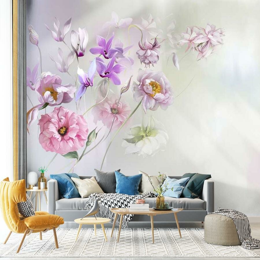 Фотообои Ирисы и пионы на нежном фоне 13-1004-M-Флок 270 x 300 см (ВхШ) Бесшовные, флизелиновые, влагостойкие обои