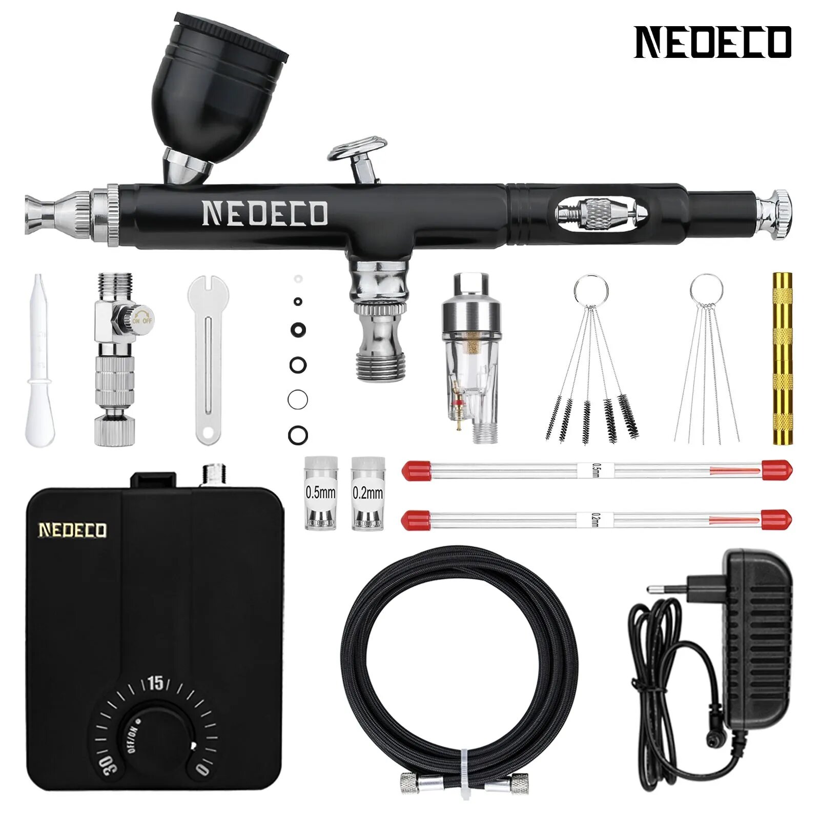 Аэрограф NEOECO с компрессором 30PSI, 0.2/0.3/0.5 мм, двойное действие, для моделей, ногтей, макияжа, декора тортов, комплект с чистящими принадлежностями