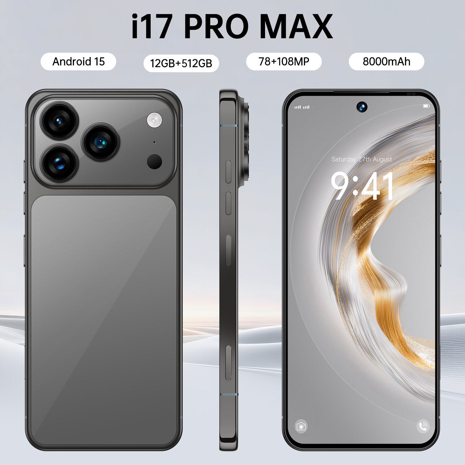 Смартфон i17 Pro Max, Android14 12GB 512GB, 6.6", 6800 mAh, 2 SIM 5G, чёрный