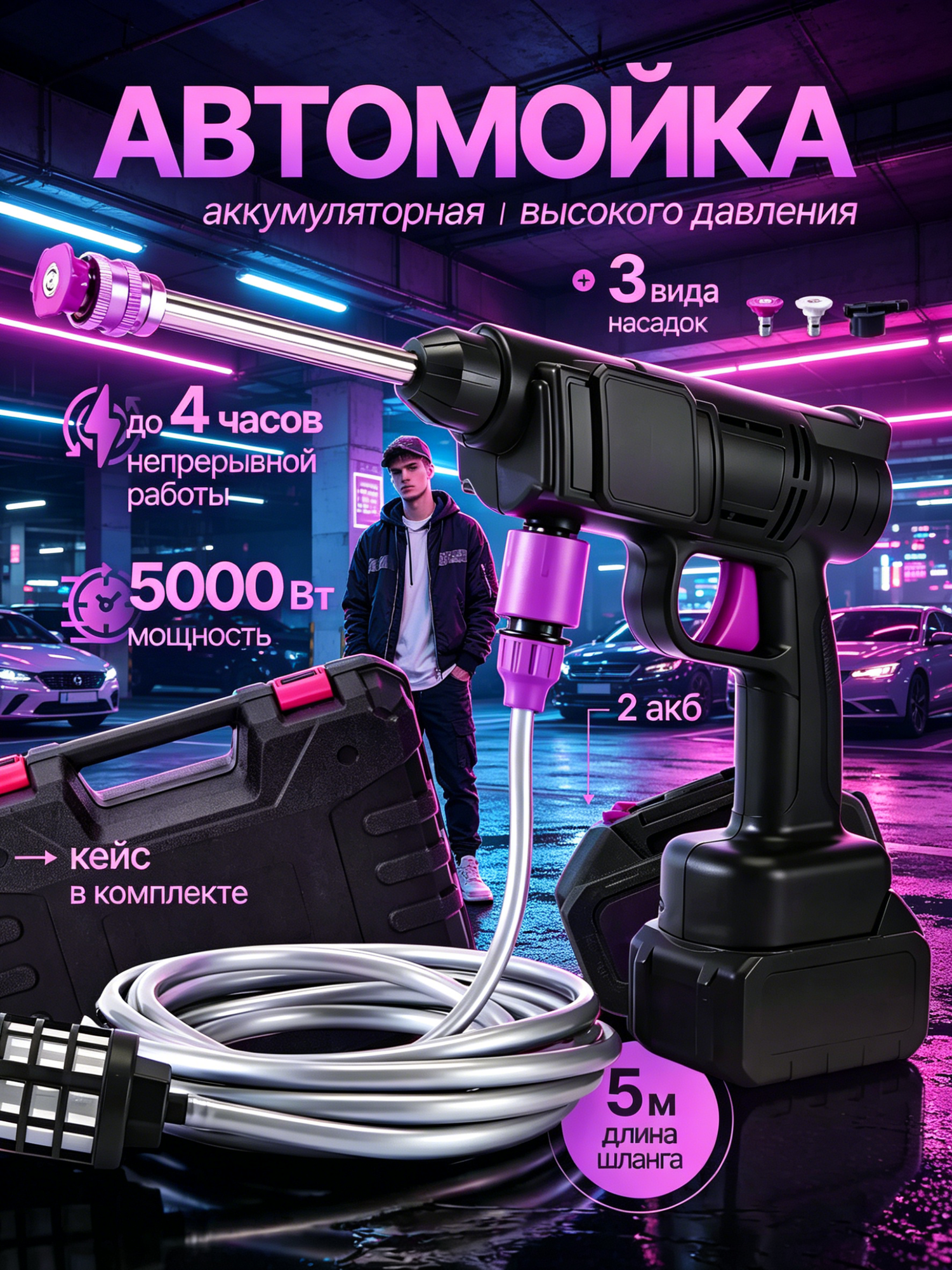 Мини-мойка высокого давления, 1000Вт, 2 аккумулятора, с фильтром для воды
