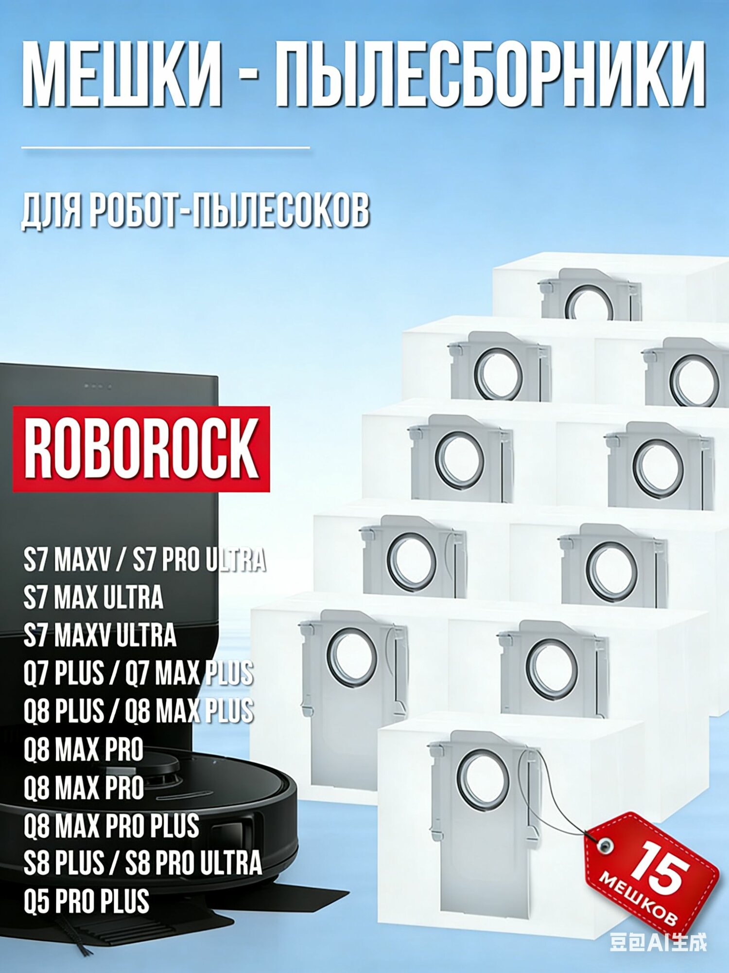 Мешок пылесборник (15 шт.) для робота-пылесоса Roborock S7 MaxV Ultra, Q5 Pro Plus, Q7, Q7+, Q7 Max, Q7 Max+, S8+