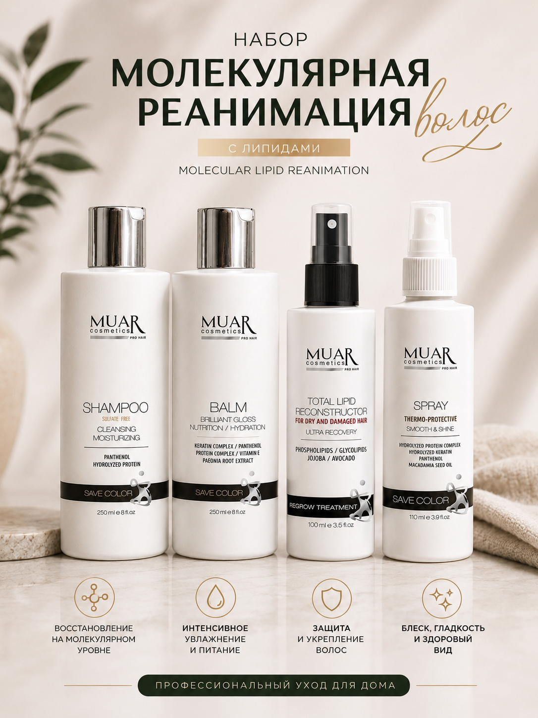 Уходовый набор Muar Cosmetics "Молекулярная реанимация волос", с липидами