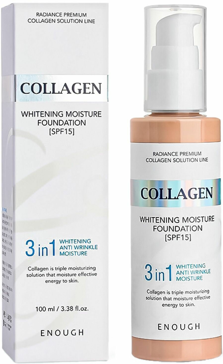 Enough Тональный крем для лица с коллагеном 3 в 1 Тон 21 Collagen Whitening Moisture Foundation SPF 15, 100 мл