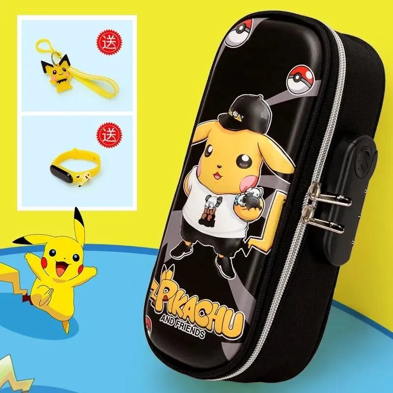 Пенал Pokemon Pikachu - 4-х секционный, водонепроницаемый, для школы (с брелоком и часами в подарок) для мальчиков и девочек
