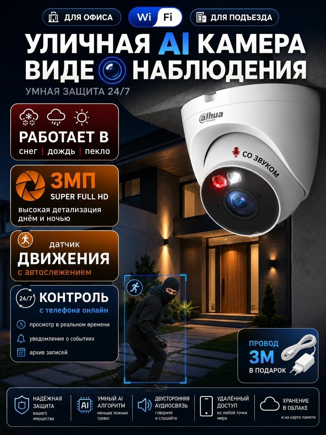 Камера видеонаблюдения WiFi уличная, для дома, офиса, магазина, угол обзора 123 градуса, умная двойная подсветка ИК и LED 30 метров, микрофон, датчик движения, купольная, 3MP FULL HD, DH-T3A-IL