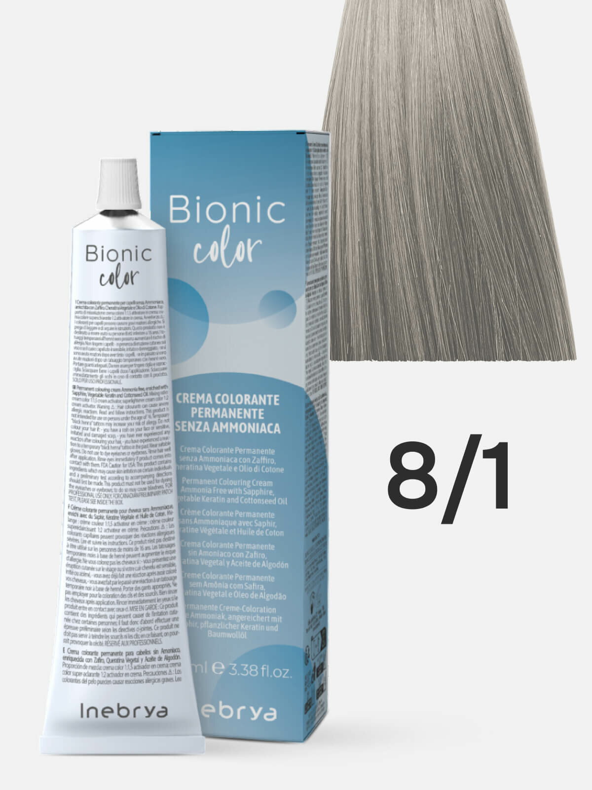Крем - краска для волос профессиональная без аммиака Inebrya Bionic Color 8/1 Светлый русый Пепельный, 100 мл