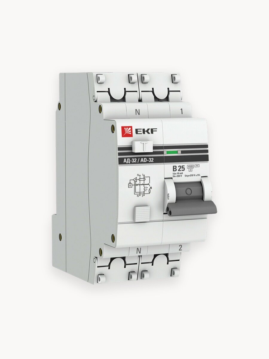 Дифференциальный автомат АД-32 1P-N 25А-10мА (хар. B, AC, электронный, защита 270В) 4,5кА EKF PROxima