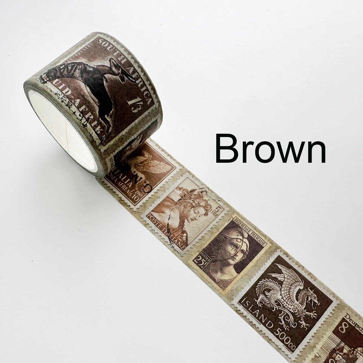 Винтажная клейкая лента Washi с рисунком почтовых марок Коричневый, Brown