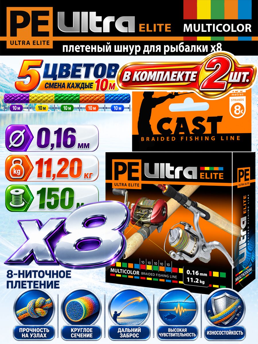 Плетёный шнур для рыбалки AQUA PE Ultra Elite Cast X8, набор 2 150 м, 0,16 мм, 11,2 кг, мультиколор, для спиннинга и фидера