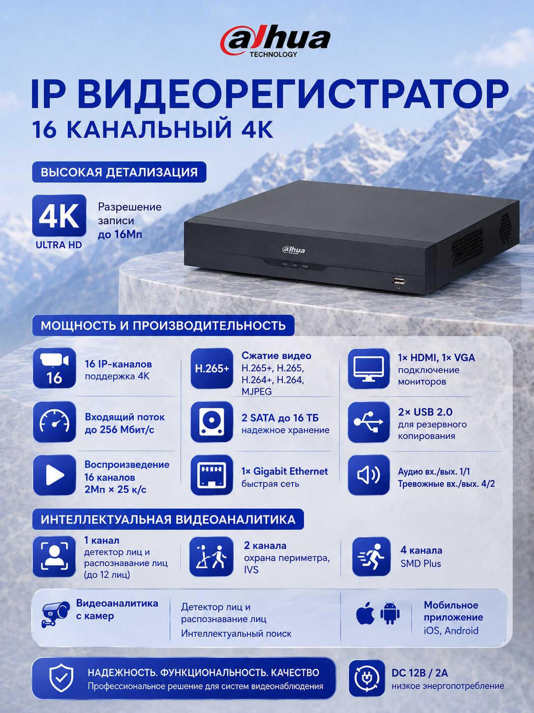 Сетевой IP-видеорегистратор DAHUA DHI-NVR4216-EI, 16 каналов.