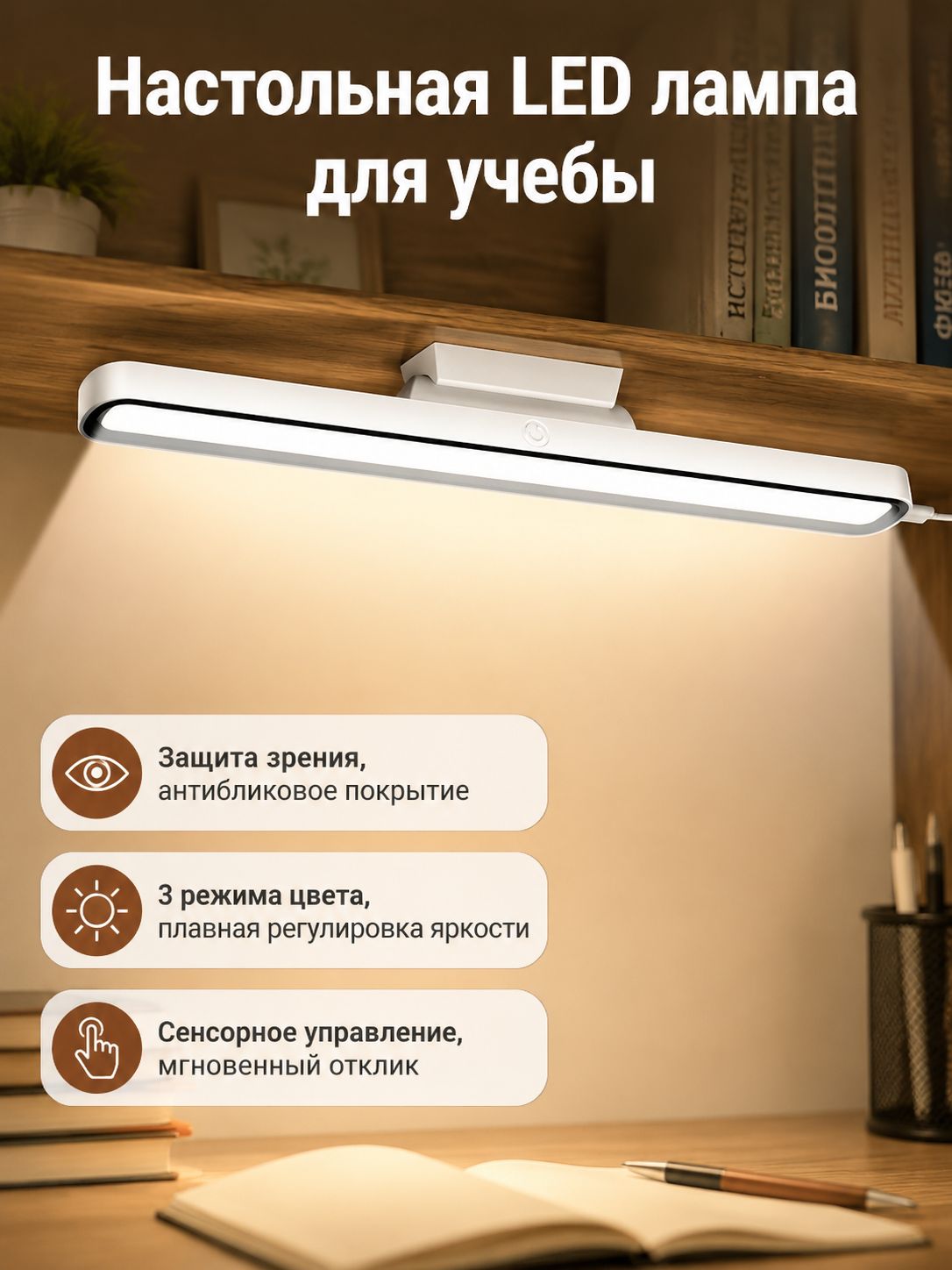 Настольная LED-лампа для чтения, магнитная с сенсорным управлением и USB-питанием, белый цвет