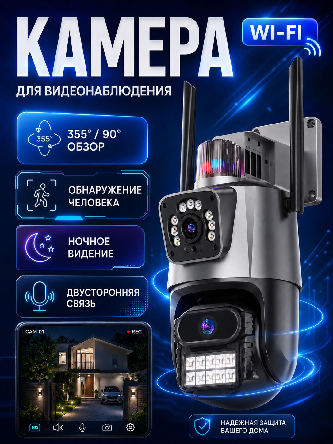 Камера видеонаблюдения wifi уличная, Wi-Fi и проводное подключение, удалённое управление, двусторонняя связь, степень защиты IP66
