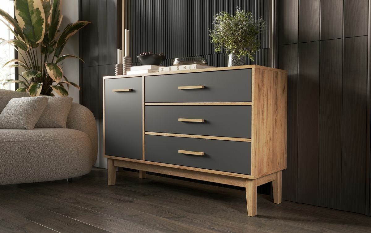 Кельн Комод 1 дверь 3 ящика (Графит, Дуб Крафт)