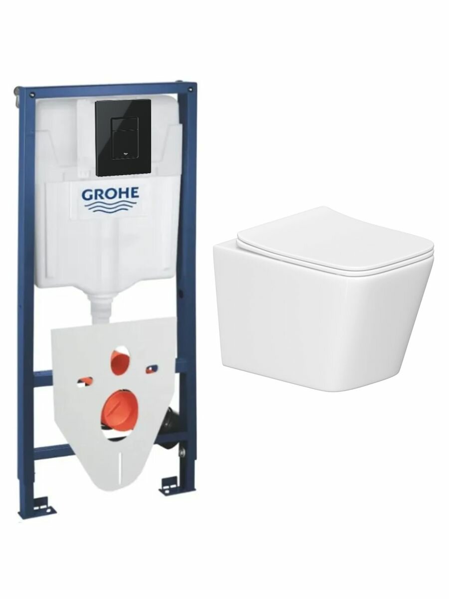 Инсталляция с унитазом комплект: унитаз подвесной Helmken 35120001, безободковый, сиденье с микролифтом из дюропласта, инсталляция Grohe, шумоизоляция, кнопка смыва