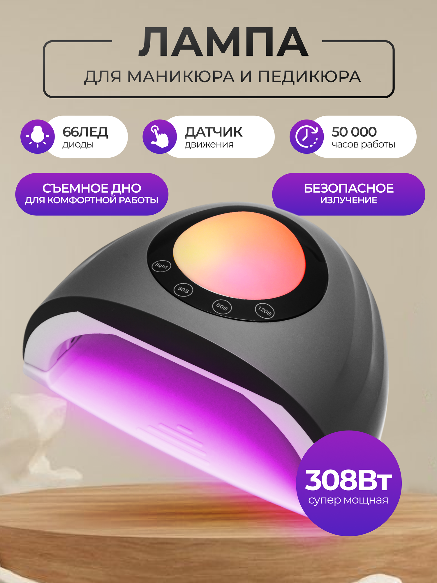 Лампа для маникюра и педикюра 308W, для сушки ногтей, профессиональная