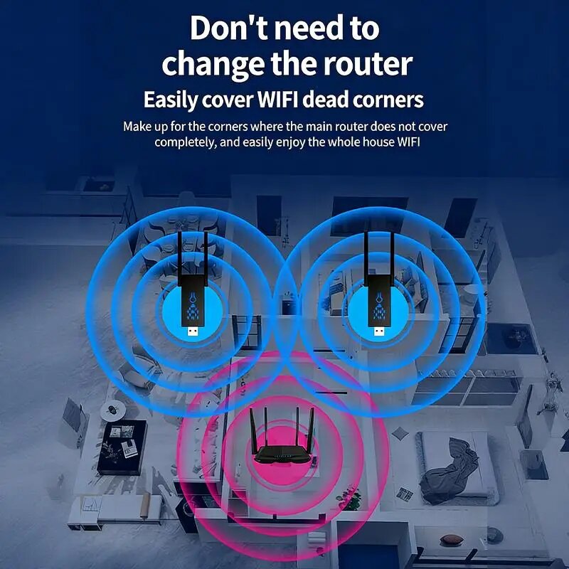 USB 3.0 Wi-Fi адаптер 5G, двухдиапазонный, 1300 Мбит/с, высокоскоростной беспроводной донгл, не требует драйверов, стабильное.