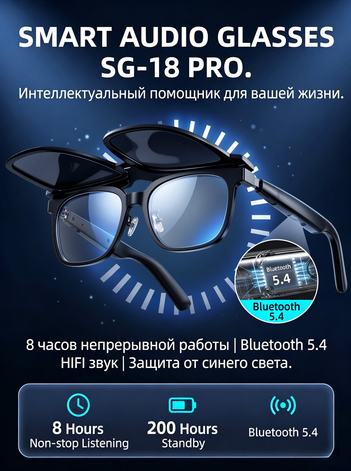 Умные Bluetooth-очки с ИИ-переводом в реальном времени, наушники-переводчики языков