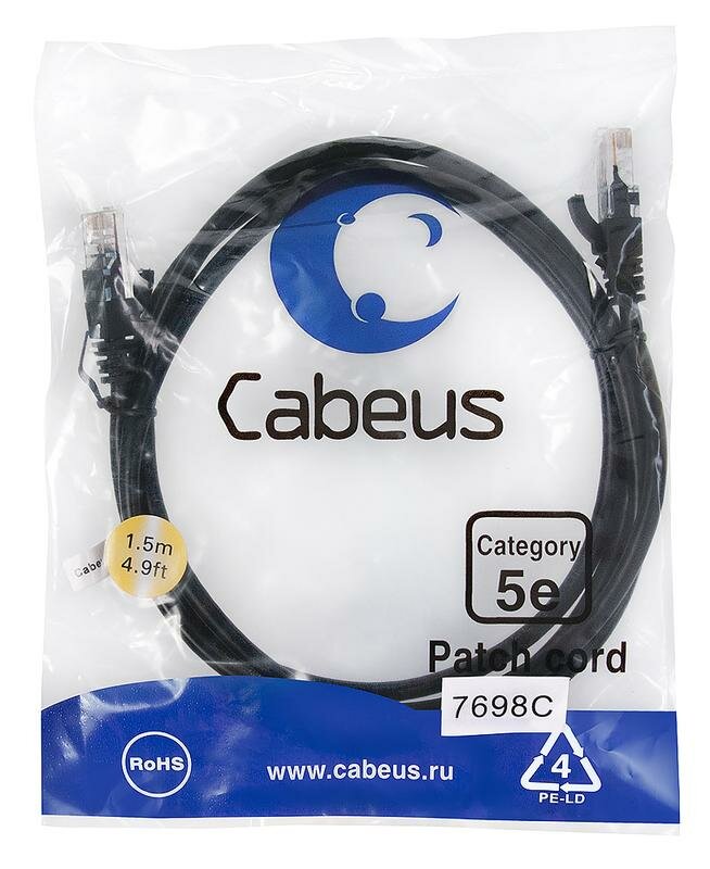 Патч-корд U/UTP кат.5E PC-UTP-RJ45-Cat.5e-1.5m-BK 2xRJ45/8p8c неэкранир. PVC 1.5м черн. Cabeus 7698c
