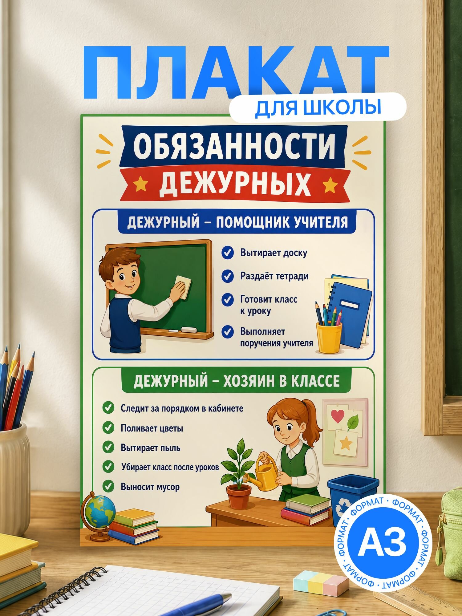 Плакат Обязанности дежурных для школы, в класс