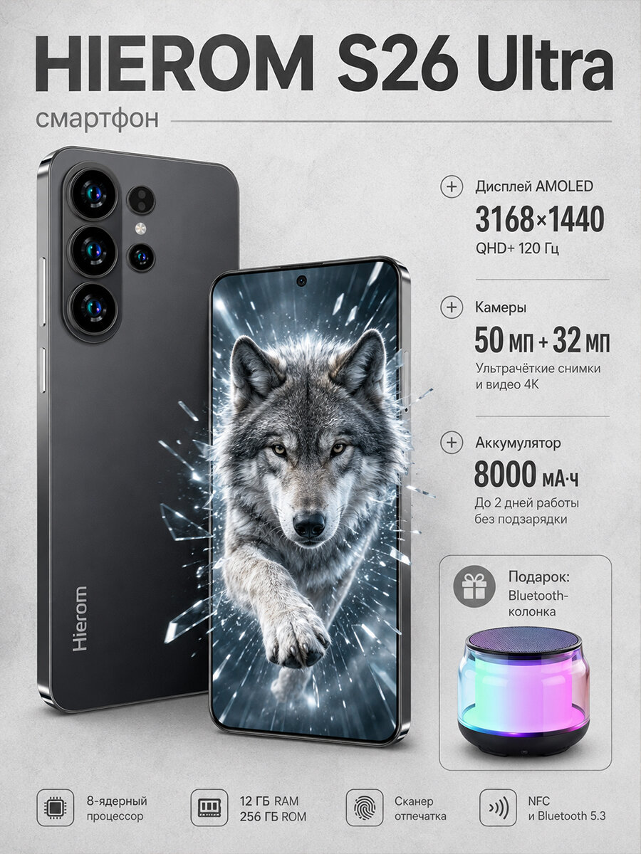 Смартфон Hancdon S26 16 ГБ + 1024 ГБ 5G/LTE с HD-экраном и разблокировкой по отпечатку пальца. черный