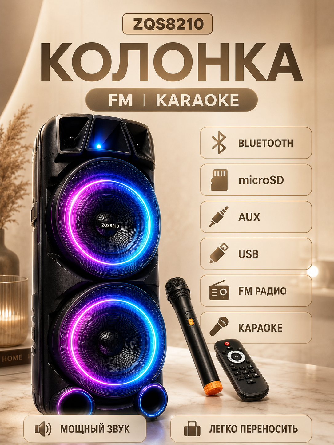 Беспроводная напольная колонка 8210, беспроводная портативная акустика, Bluetooth, подсветкой, FM, USB, AUX, micro SD