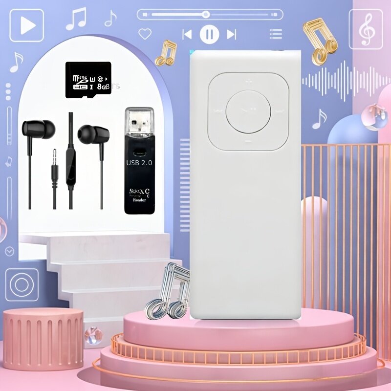 Портативный MP3-плеер белого цвета с картой памяти 8 ГБ, кардридером, наушниками, аккумулятором большой емкости, внешним воспроизведением музыки, для спорта и фитнеса, идеальный подарок