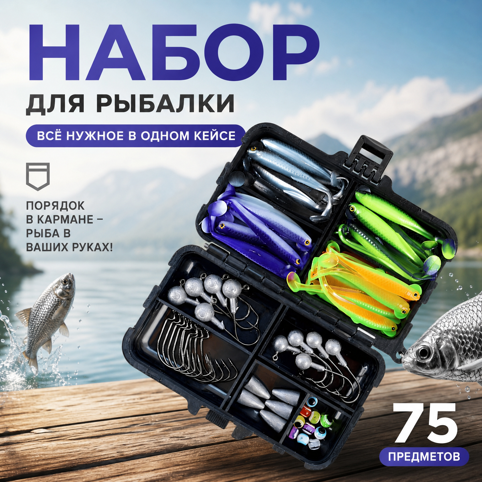 Набор для рыбалки, силиконовые приманки и рыболовные снасти, 75 шт (Цвет товара: ярко-зеленый; Длина: 55 мм)