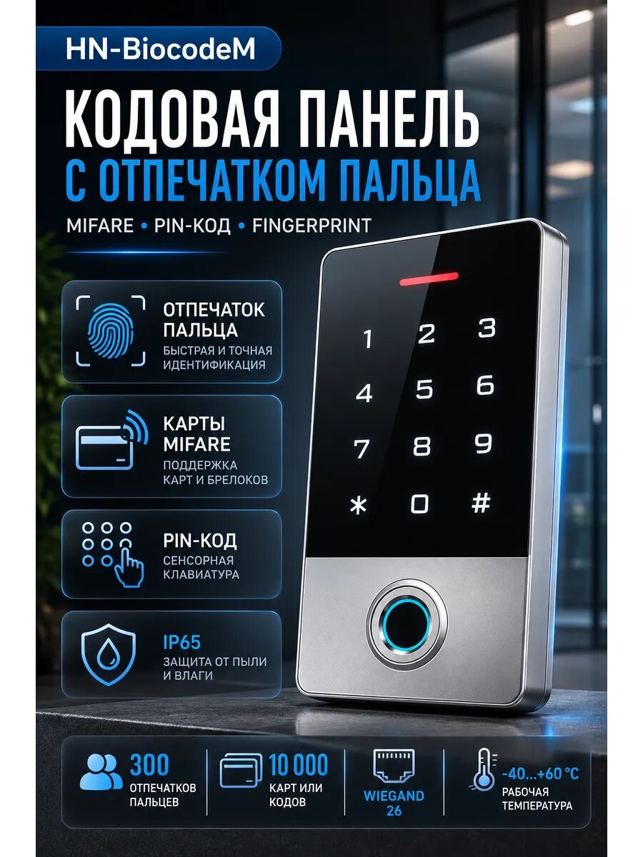 Кодовая панель Hunter HN-BiocodeM, с считывателем Mifare, IP65, пластик